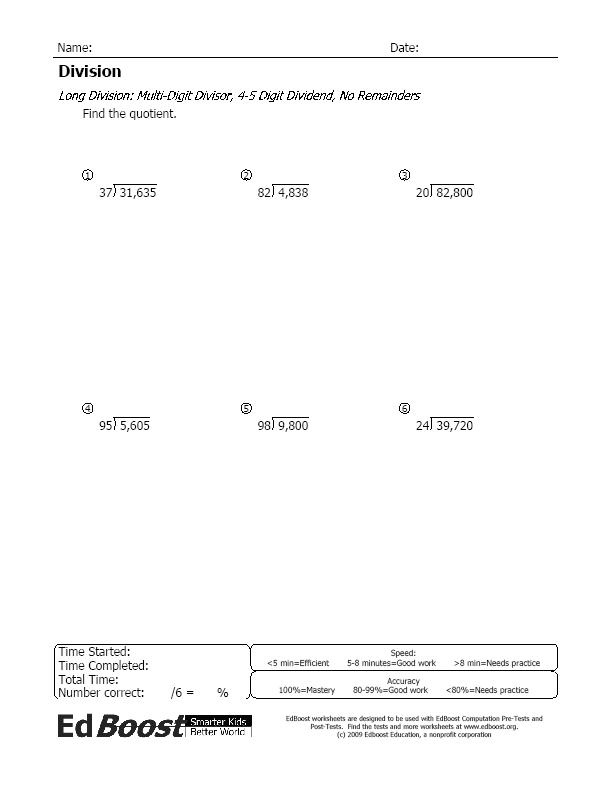 Long Division: No Remainders (Multi-Digit Divisor) (4-5 Digit Dividend ...